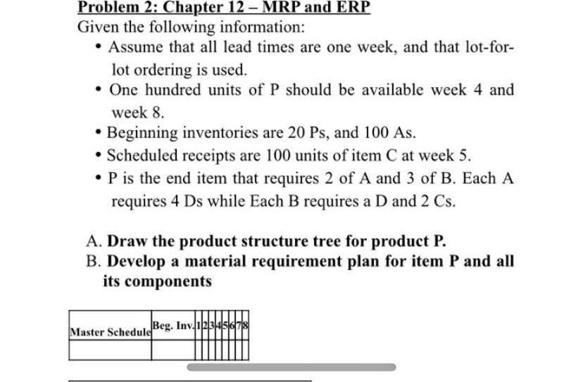 Solved Problem 2: Chapter 12 - MRP and ERP Given the | Chegg.com