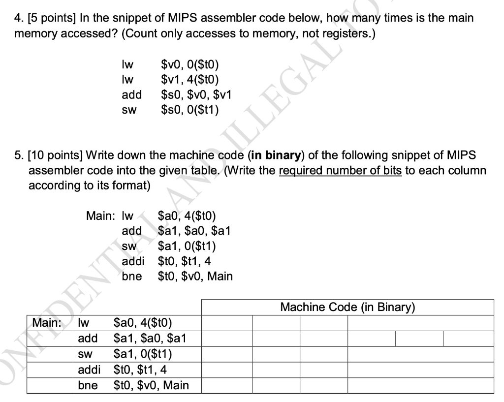 Solved 4. [5 points] In the snippet of MIPS assembler code | Chegg.com