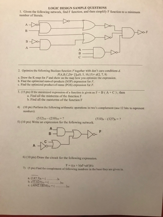 Solved LOGIC DESIGN SAMPLE QUESTIONS 1. Given the following | Chegg.com