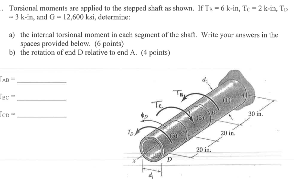 Solved 1. Torsional moments are applied to the stepped shaft | Chegg.com