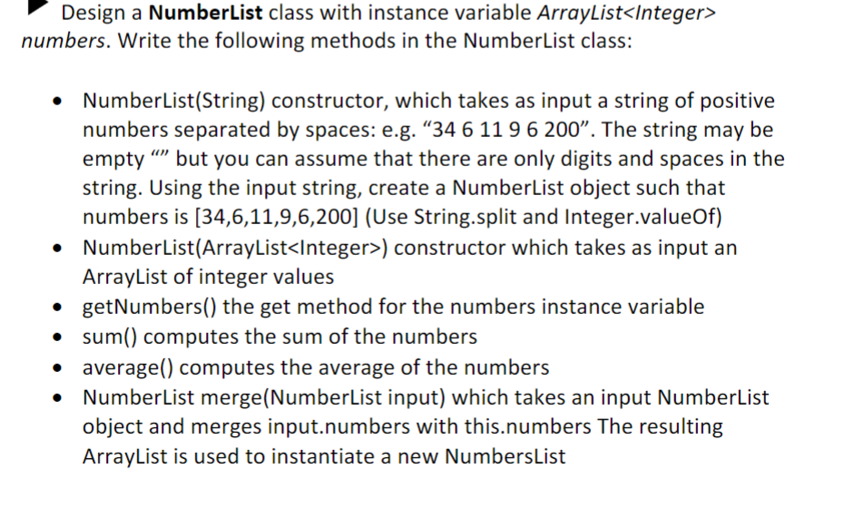 Solved Design a Numberlist class with instance variable | Chegg.com