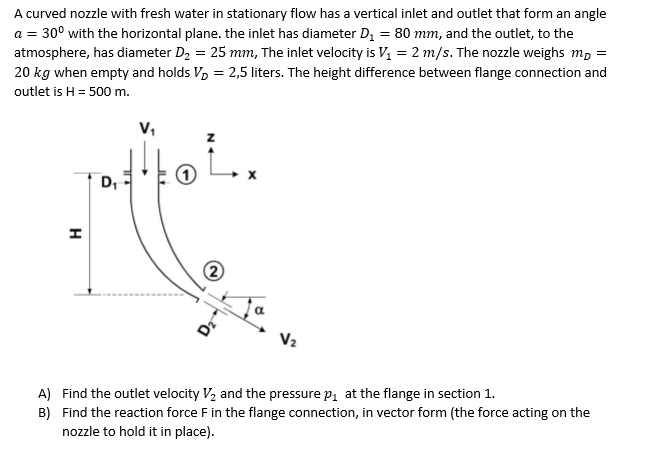 Solved A curved nozzle with fresh water in stationary flow | Chegg.com