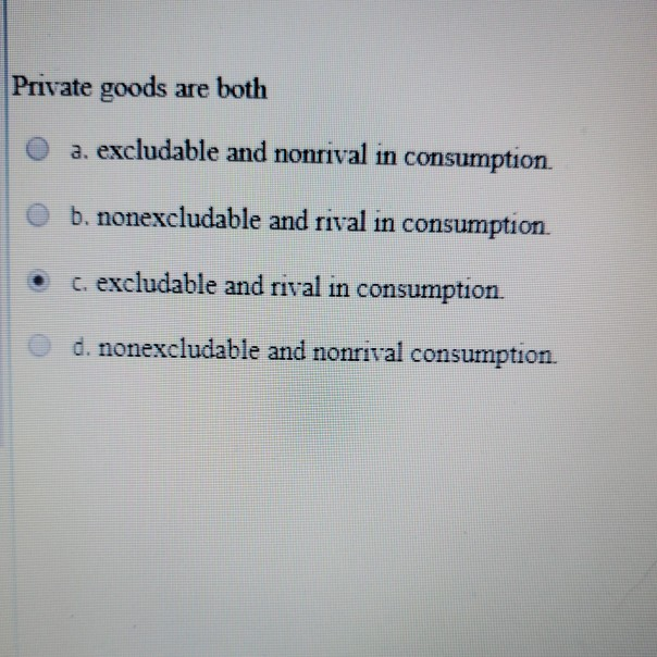 Solved Private goods are both a. excludable and nonrival in | Chegg.com