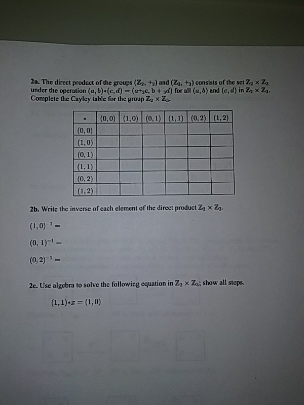 Solved 2a. The direct product of the groups (Z2, t2) and | Chegg.com