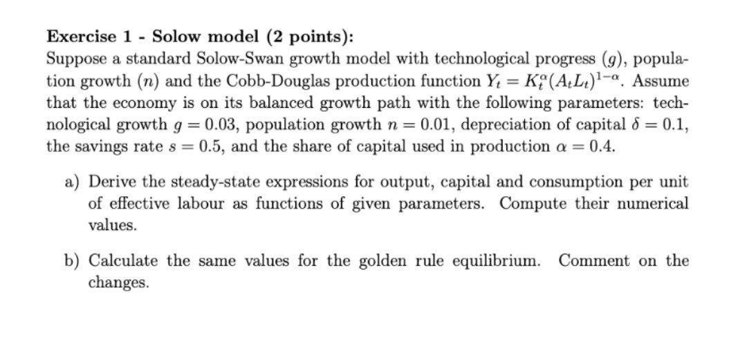 Solved Exercise 1 - Solow model (2 points): Suppose a | Chegg.com