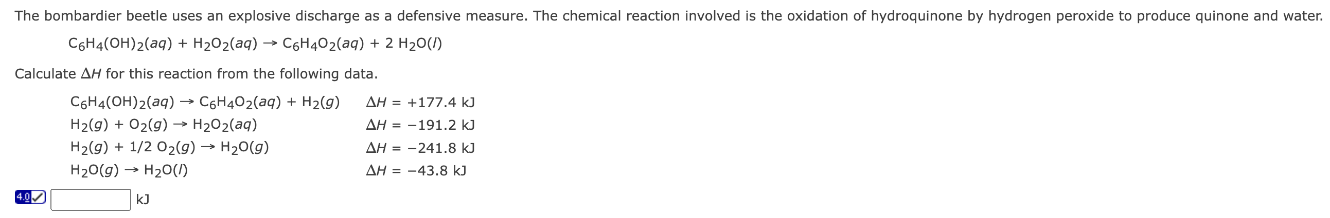 Solved C6H4(OH)2(aq)+H2O2(aq)→C6H4O2(aq)+2H2O(I) Calculate | Chegg.com