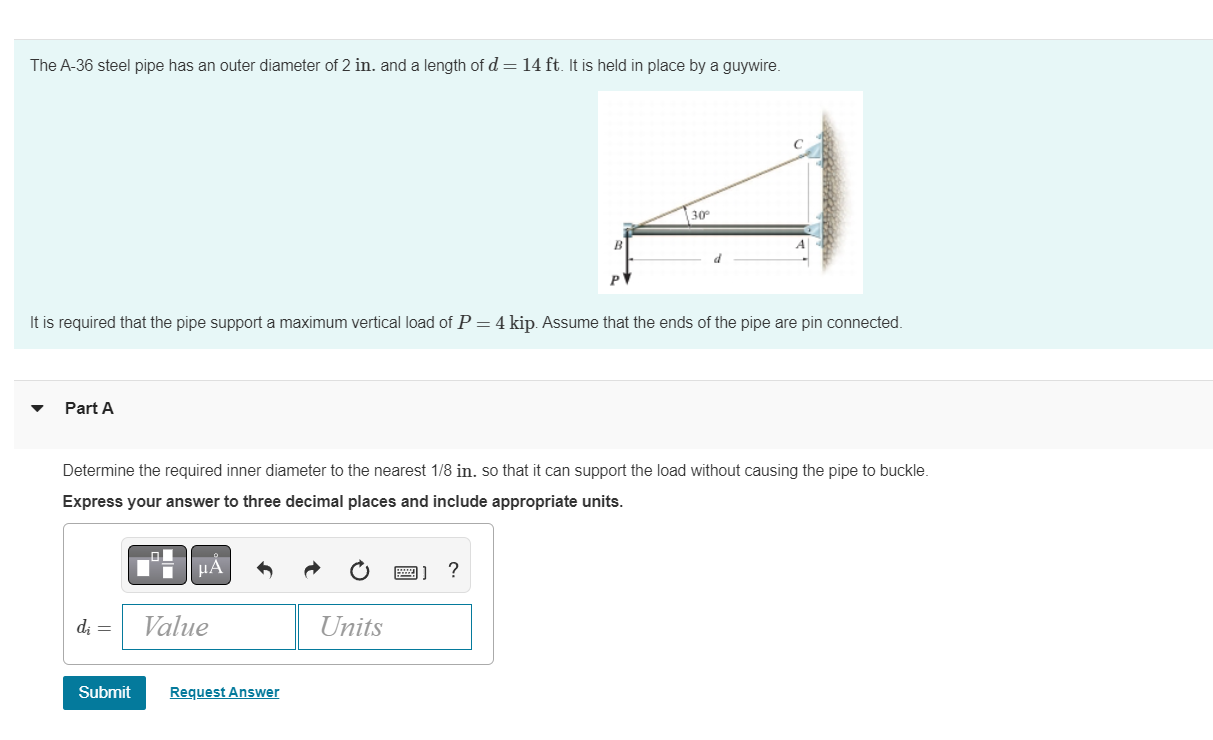 Solved The A-36 steel pipe has an outer diameter of 2in. and | Chegg.com