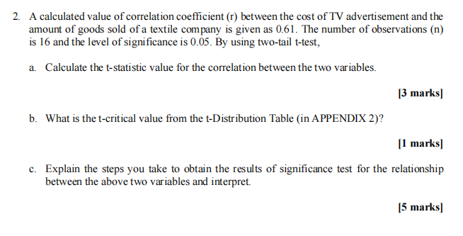 Solved 2. A calculated value of correlation coefficient (r) | Chegg.com