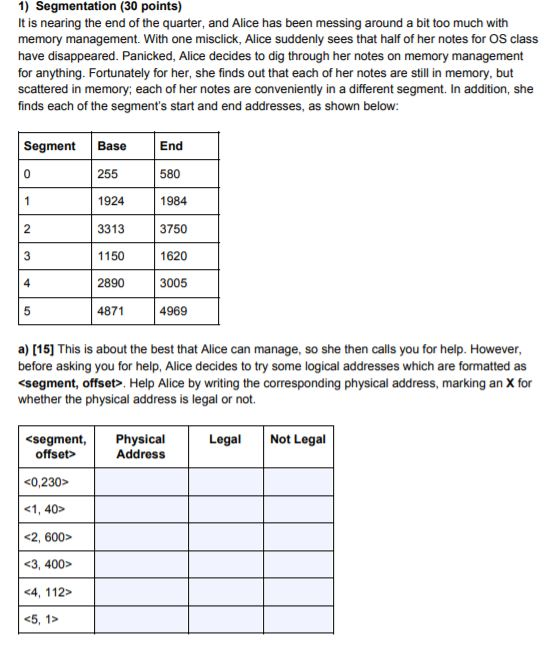 Solved 1) Segmentation (30 points) It is nearing the end of | Chegg.com