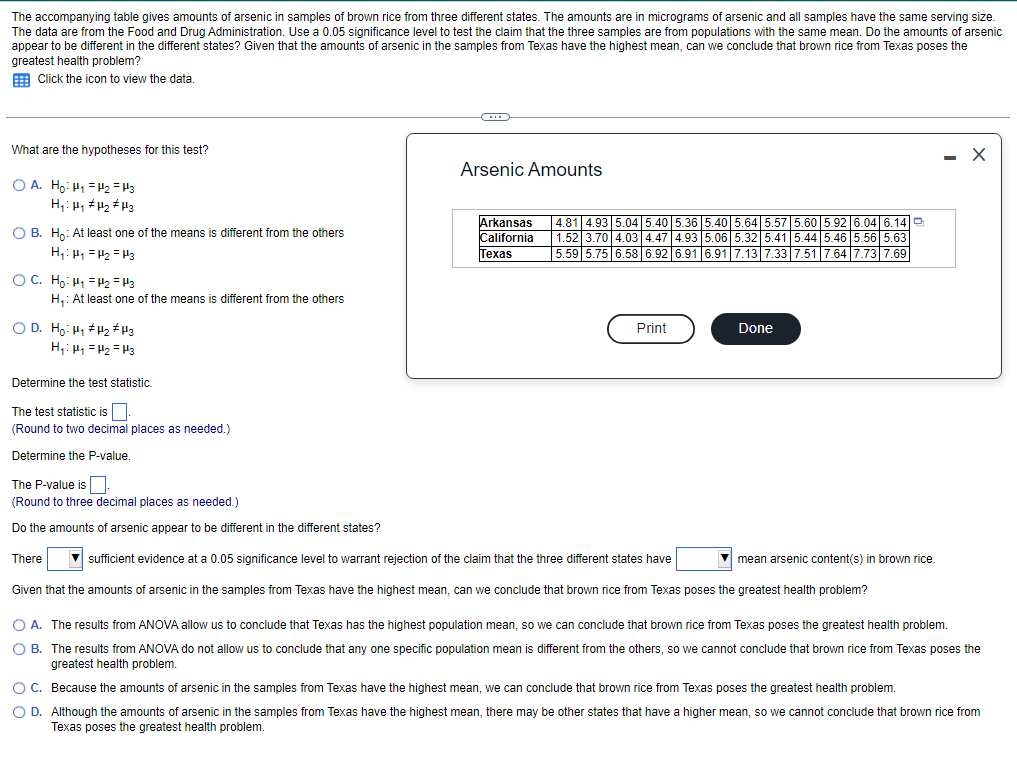 Solved The accompanying table gives amounts of arsenic in | Chegg.com