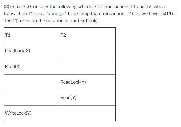 Solved (3) (6 marks) Consider the following schedule for | Chegg.com