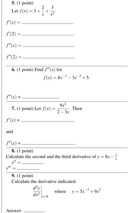 Solved 5. (1 point) Let f(x) =34x+x2 f'(x) = f'(2) = f"(x) = | Chegg.com
