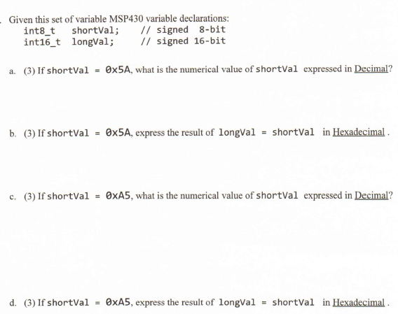 Solved - Given this set of variable MSP430 variable | Chegg.com