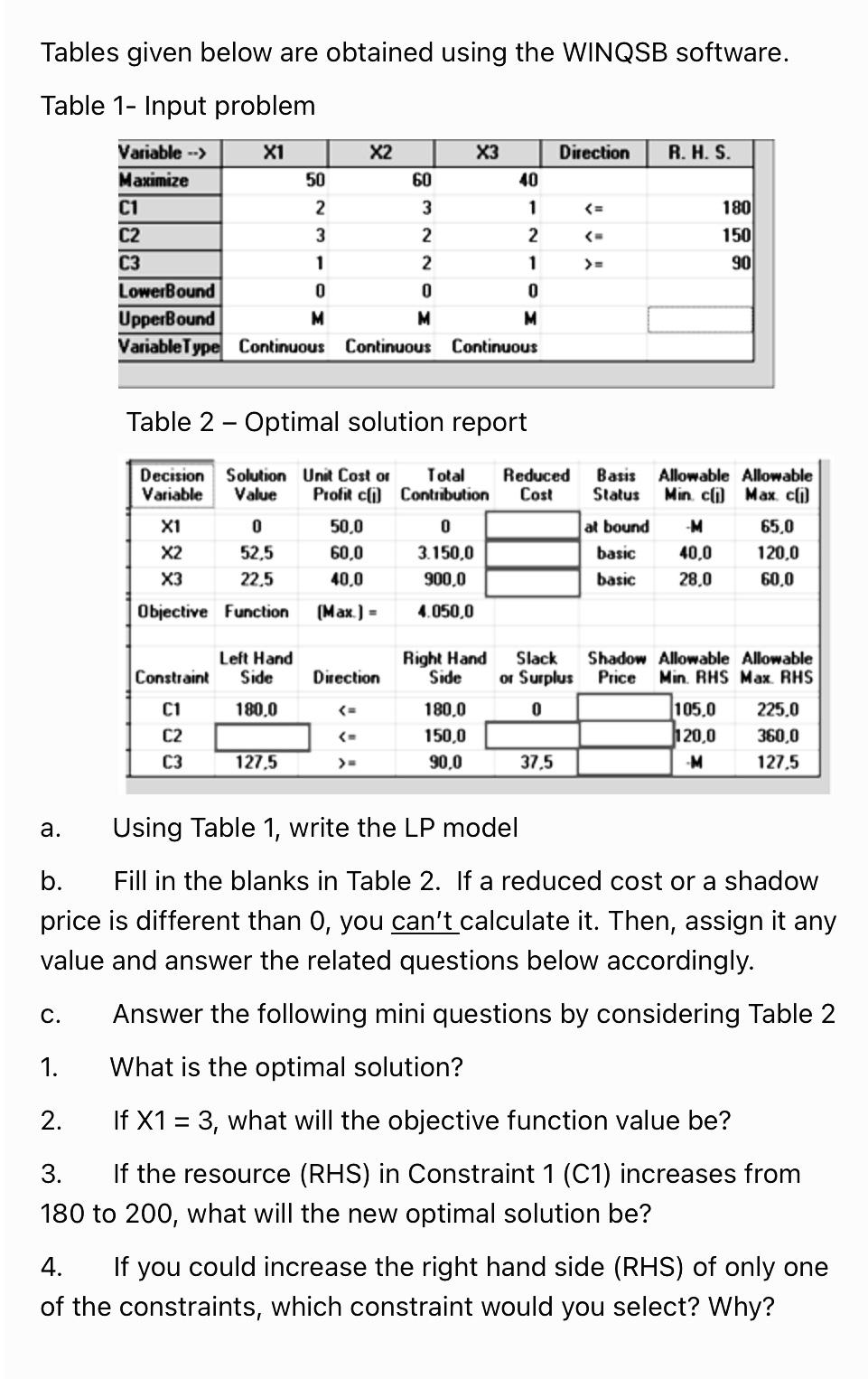 Solved Tables given below are obtained using the WINQSB | Chegg.com