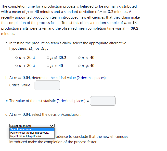Solved The completion time for a production process is | Chegg.com
