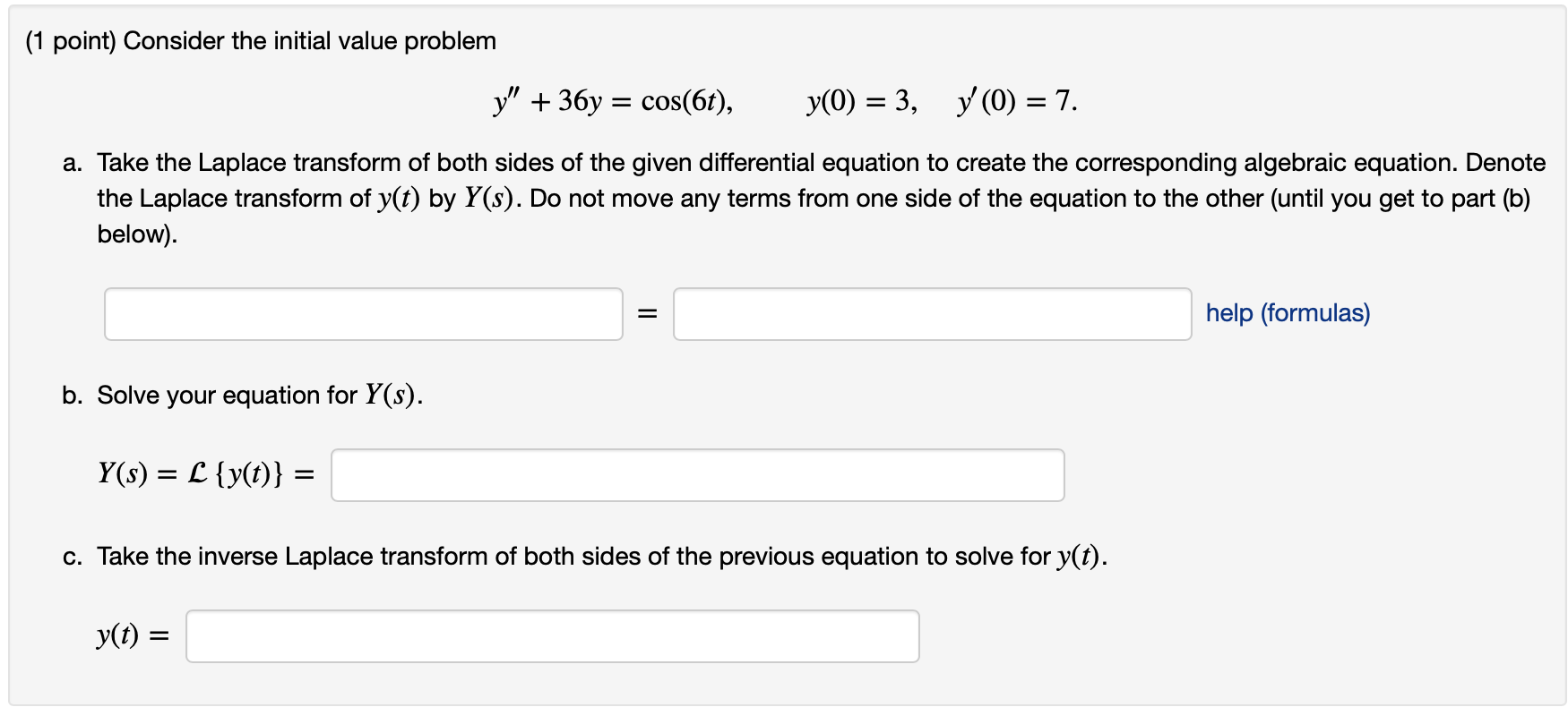Solved (1 point) Consider the initial value problem y" + 36y | Chegg.com