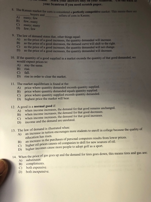 Solved Mark your answers only on your seantronst the ak l | Chegg.com