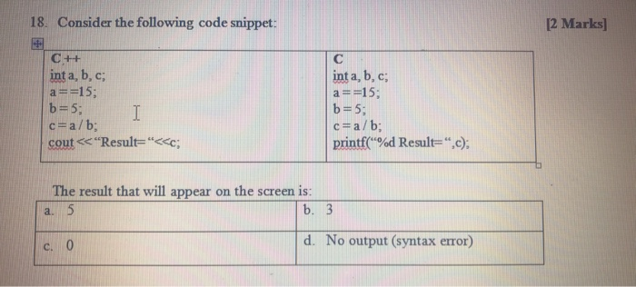 Solved 18. Consider the following code snippet 2 Marks] int | Chegg.com