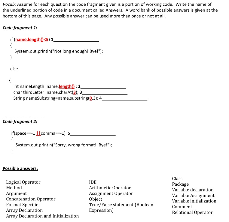 Solved Vocab: Assume for each question the code fragment | Chegg.com