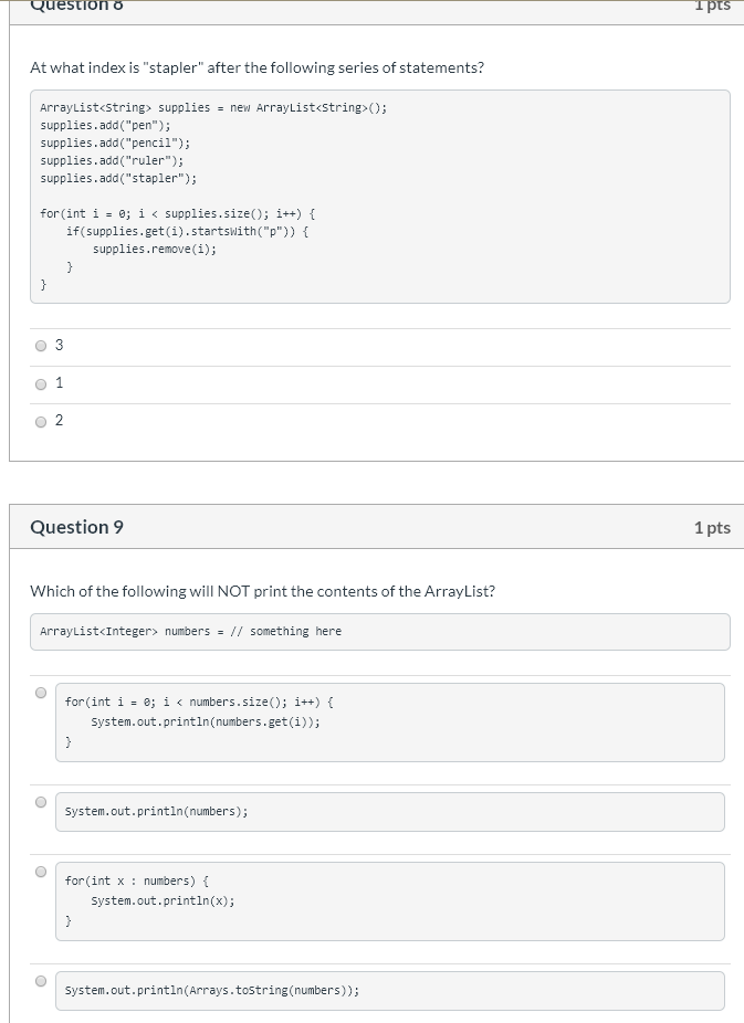 Solved Question 1 pts At what index is "stapler" after the | Chegg.com