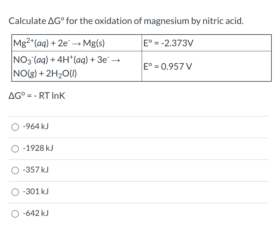 Solved Calculate AGº for the oxidation of magnesium by | Chegg.com