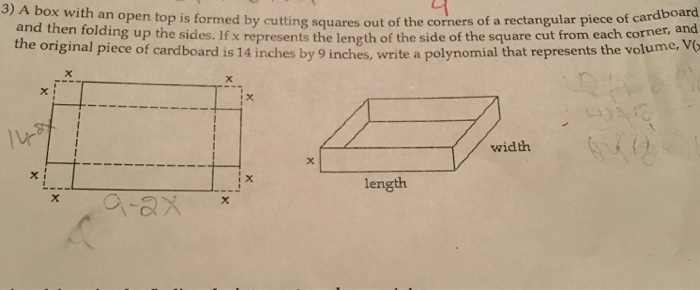 Solved A box with an open top is formed by cutting squares | Chegg.com