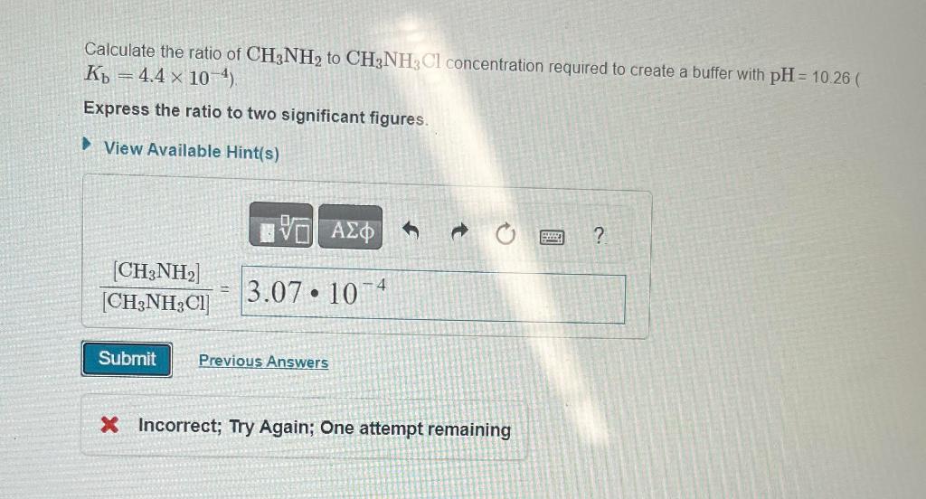 Solved Calculate the ratio of CH3NH2 to CH3NH3Cl | Chegg.com
