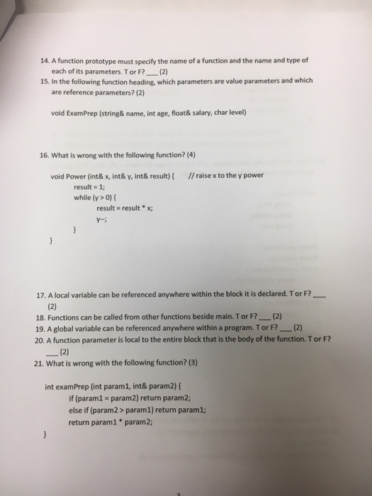 Solved 14. A function prototype must specify the name of a | Chegg.com