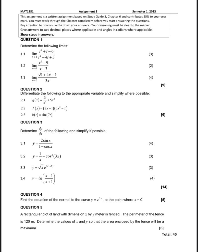 Solved Mat1581 Assignment 3 Semester 1 2023 This Assignment