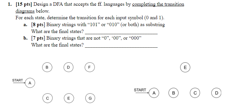 Solved 1. (15 pts] Design a DFA that accepts the ff. | Chegg.com