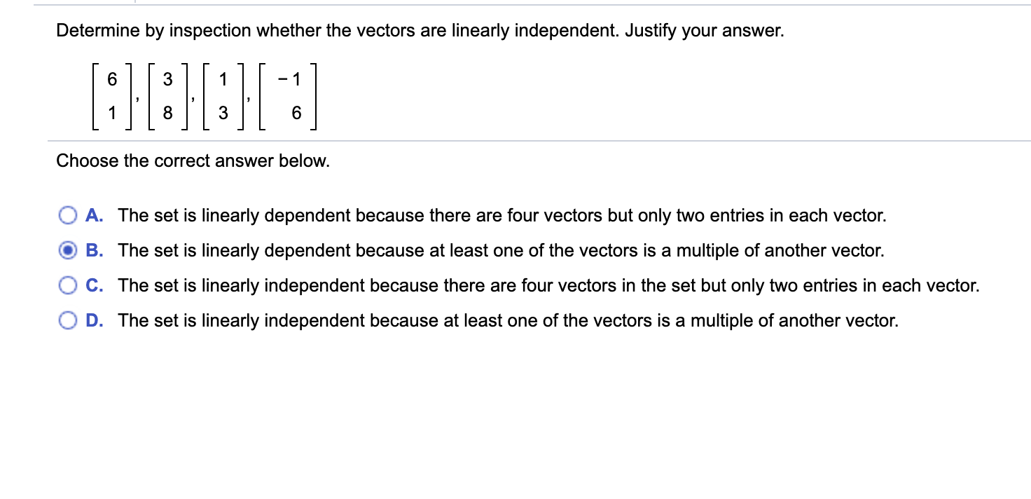 Solved Determine by inspection whether the vectors are | Chegg.com