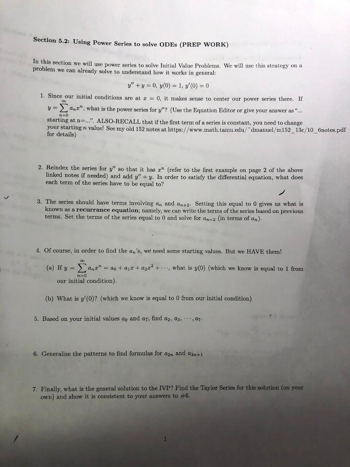 Solved Section 5.2: Using Power Series to solve ODES (PREP | Chegg.com