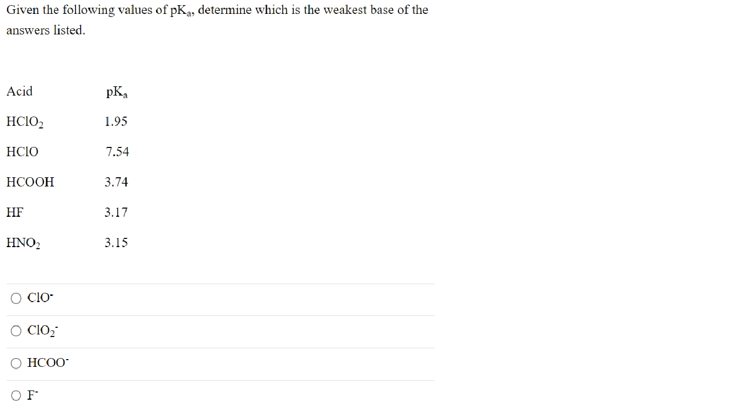 Solved Given the following values of pKa, determine which is | Chegg.com