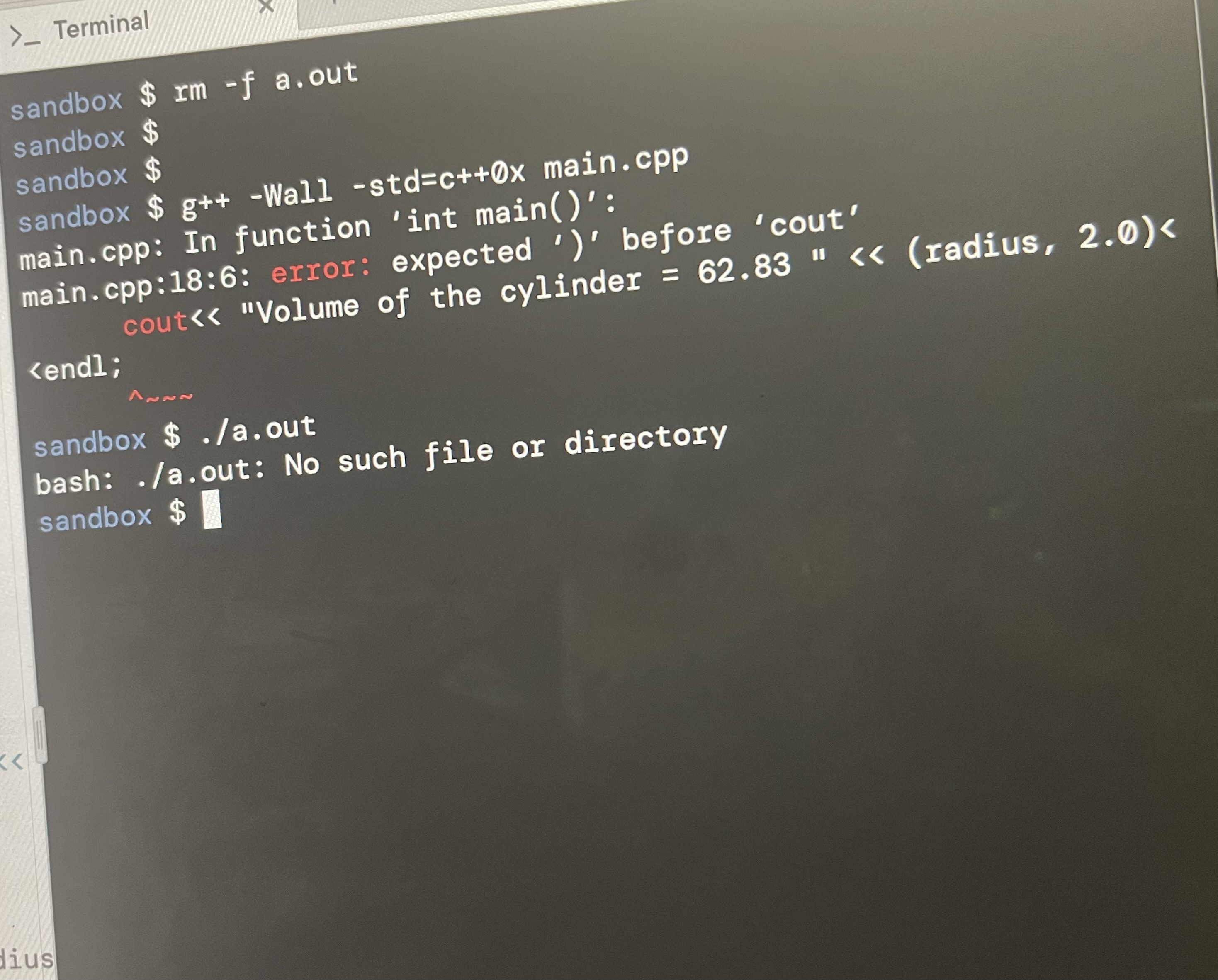 Solved Terminal sandbox $ rm -f a.out sandbox $ sandbox $ | Chegg.com