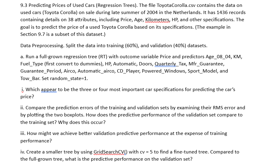 Solved 9.3 Predicting Prices of Used Cars (Regression | Chegg.com