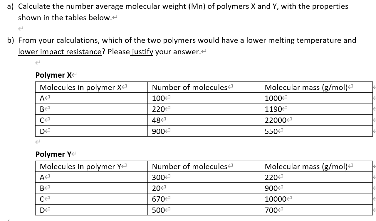 Solved a) Calculate the number average molecular weight (Mn) | Chegg.com Solved a) Calculate the number average molecular weight (Mn) | Chegg.com