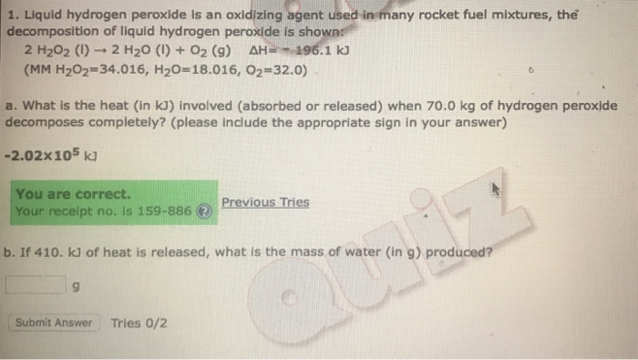 Solved 1· Liquid hydrogen peroxide is an oxidizing agent | Chegg.com