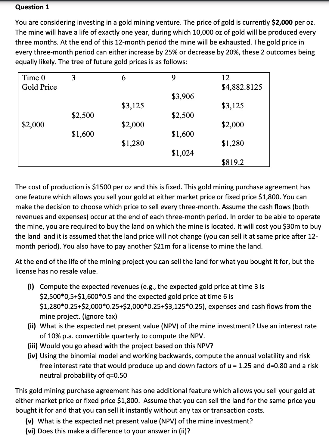 Solved You are considering investing in a gold mining | Chegg.com