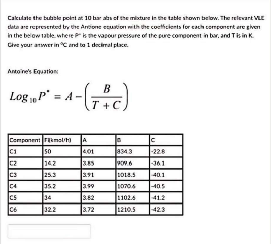 Solved Calculate the bubble point at 10 bar abs of the | Chegg.com