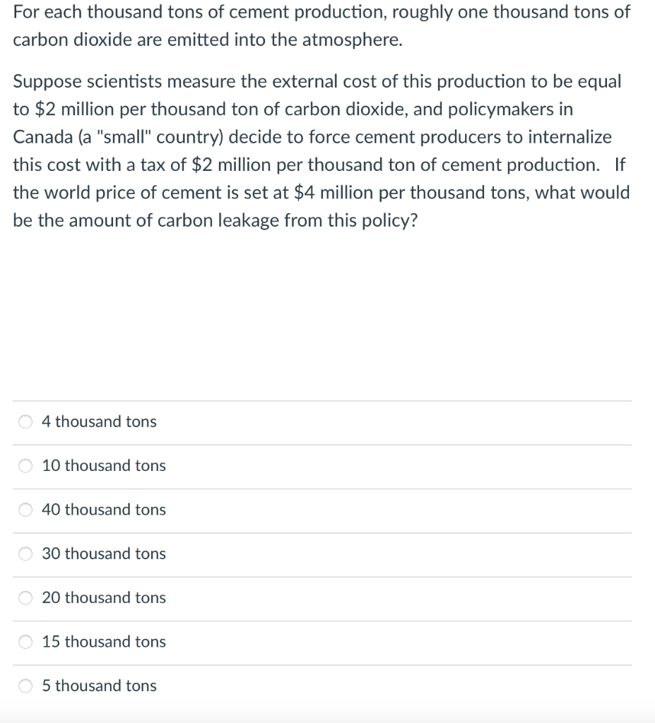 Solved For each thousand tons of cement production, roughly | Chegg.com