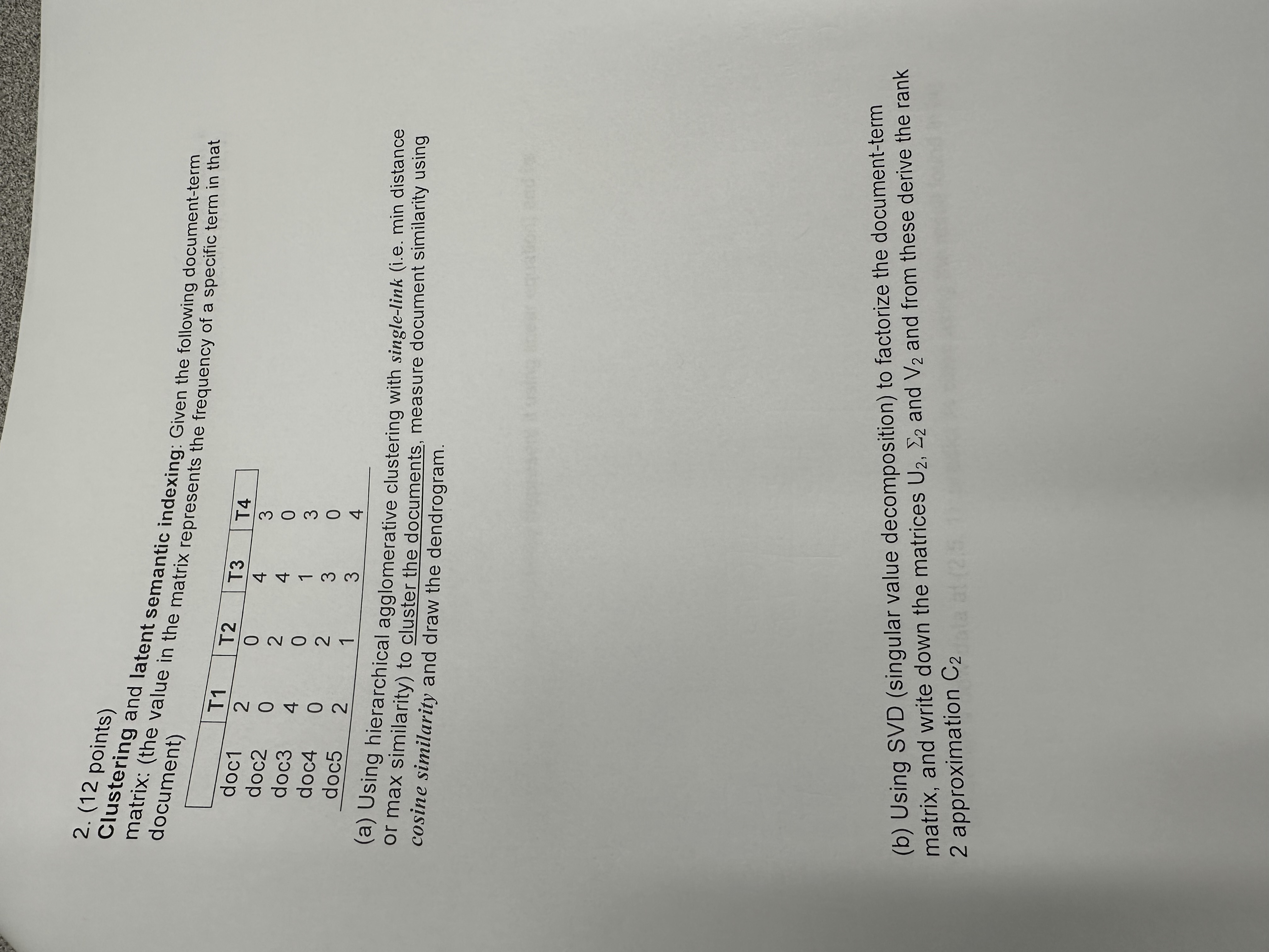 Solved 2 12 Points Clustering And Latent Semantic