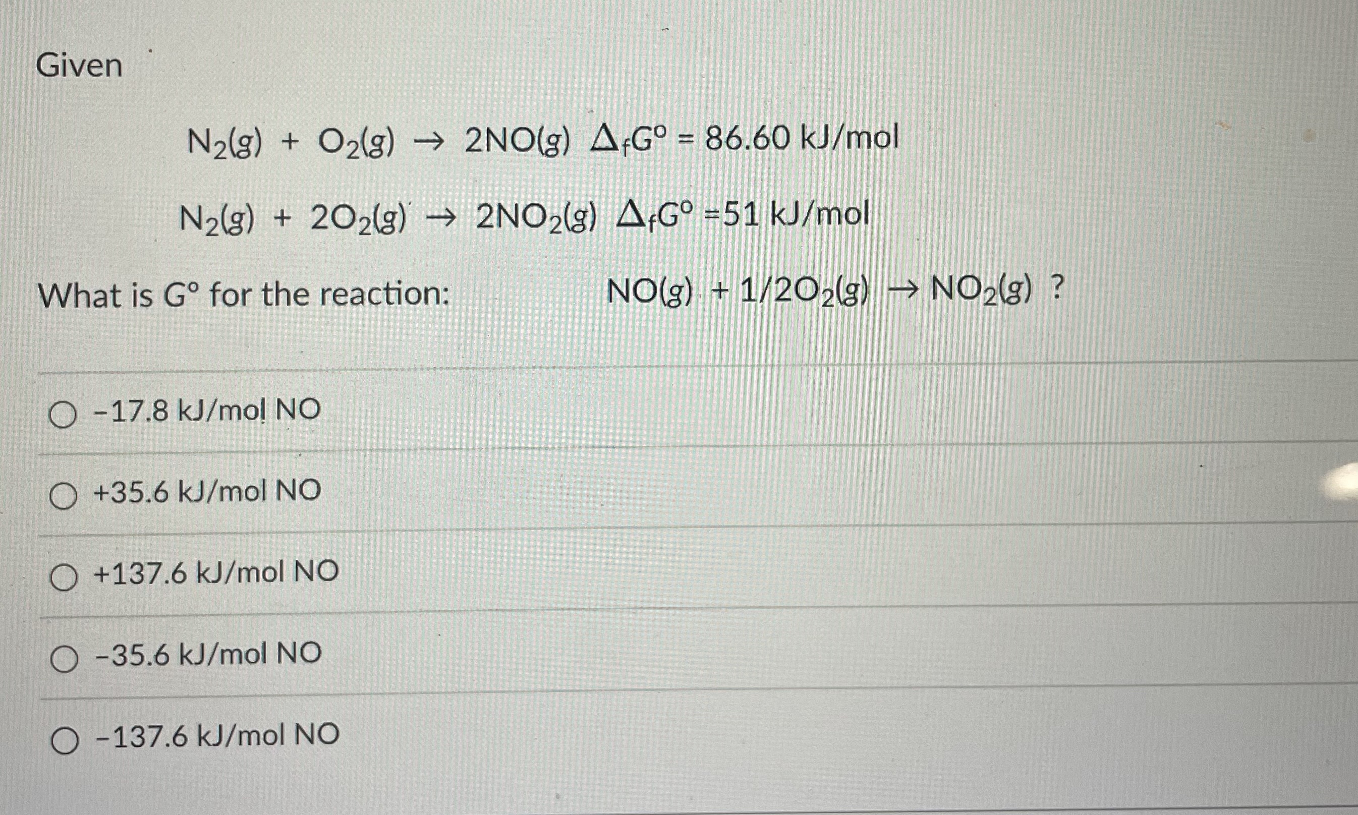 Solved Given N2(g)+O2(g)→2NO(g)ΔfG∘=86.60 | Chegg.com