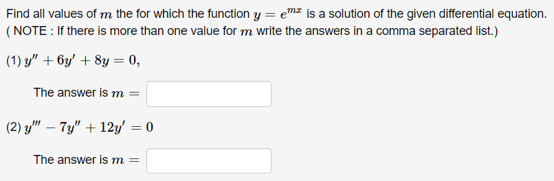 Solved Find all values of m the for which the function y=emx | Chegg.com