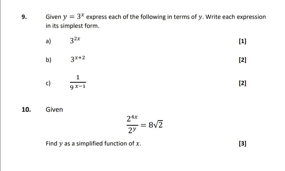 Solved 9. Given y = 3* express each of the following in | Chegg.com