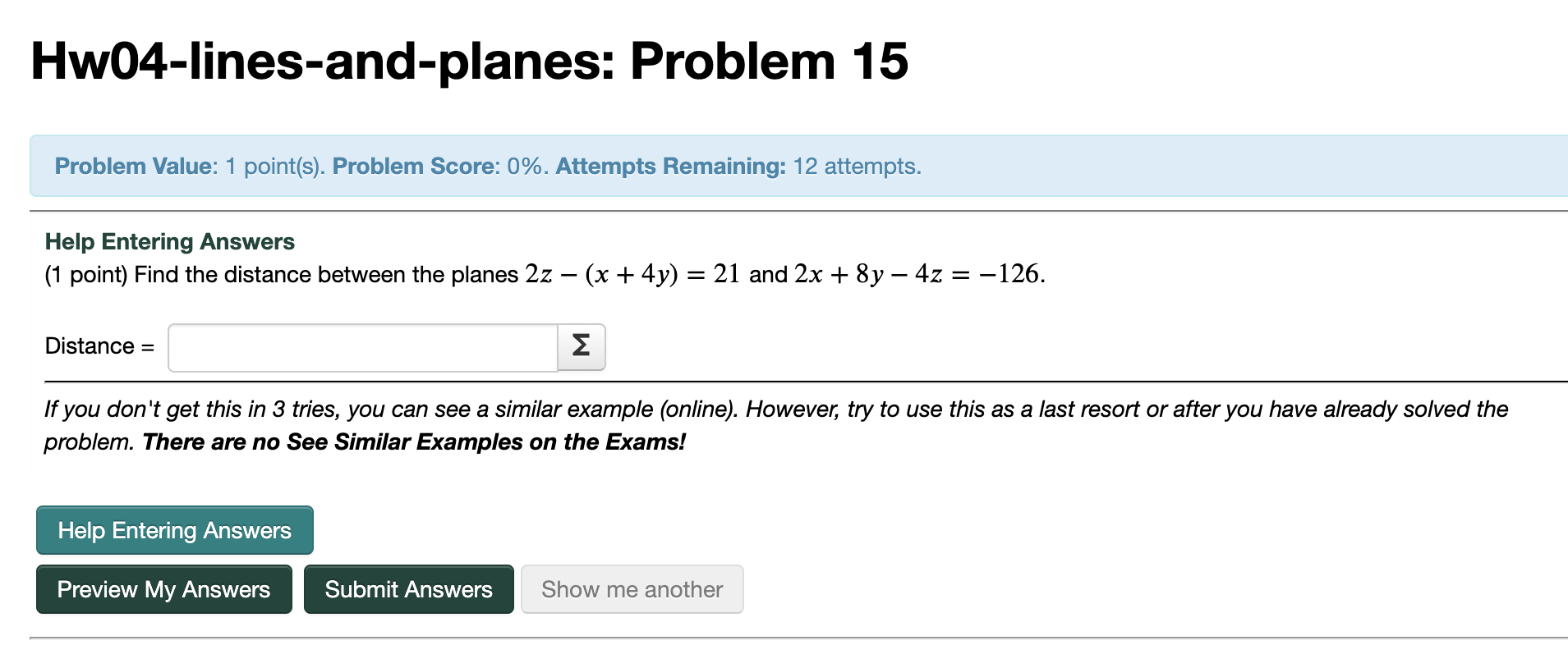 Solved Hw04-lines-and-planes: Problem 15 Problem Value: 1 | Chegg.com