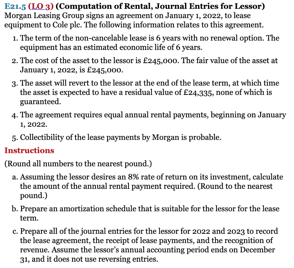 Solved E21.5 (LO 3) (Computation of Rental, Journal Entries | Chegg.com