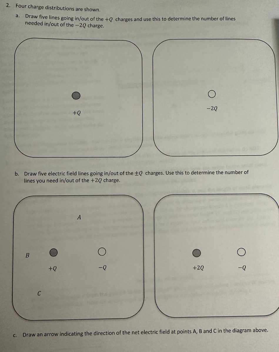 Solved 2. Four charge distributions are shown. a. Draw five | Chegg.com