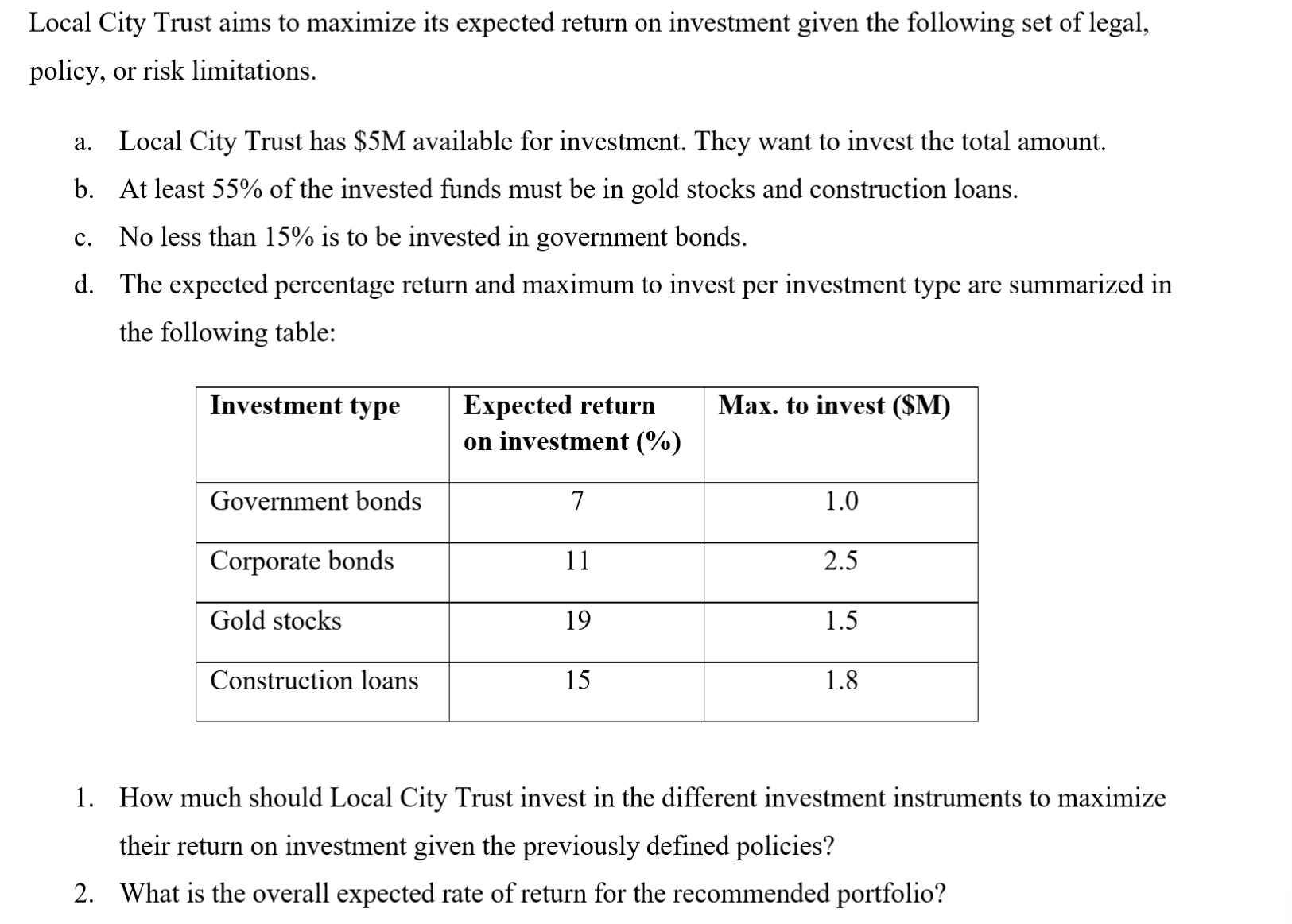 Solved Local City Trust aims to maximize its expected return | Chegg.com