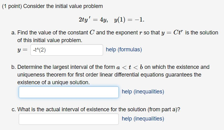Solved (1 point) Consider the initial value problem 2ty' = | Chegg.com