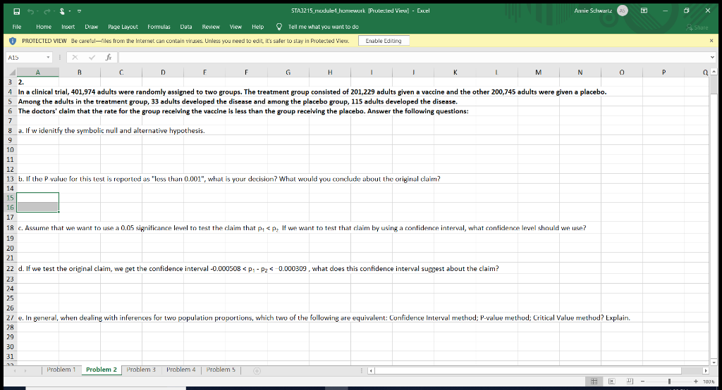 Solved STA3215_module_1_homewurk [Protected View] - Excel | Chegg.com